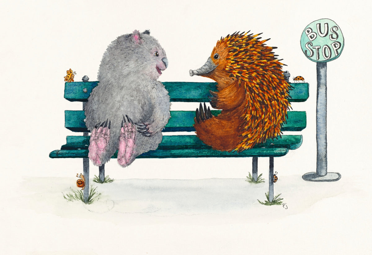 Bus Stop - a wombat and echidna meet – PJ Paintings
