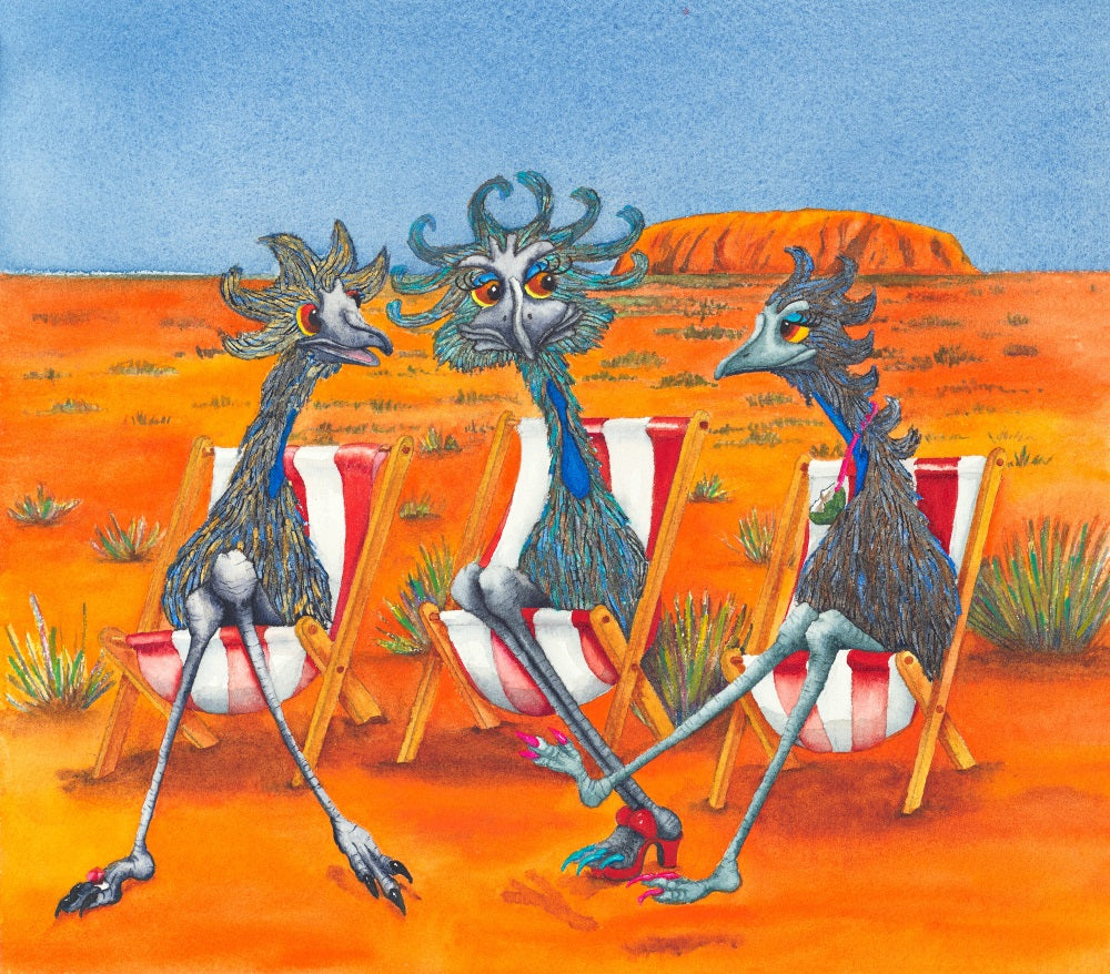 Outback Glamping A Print of Emus visiting Uluru, Australia – PJ Paintings