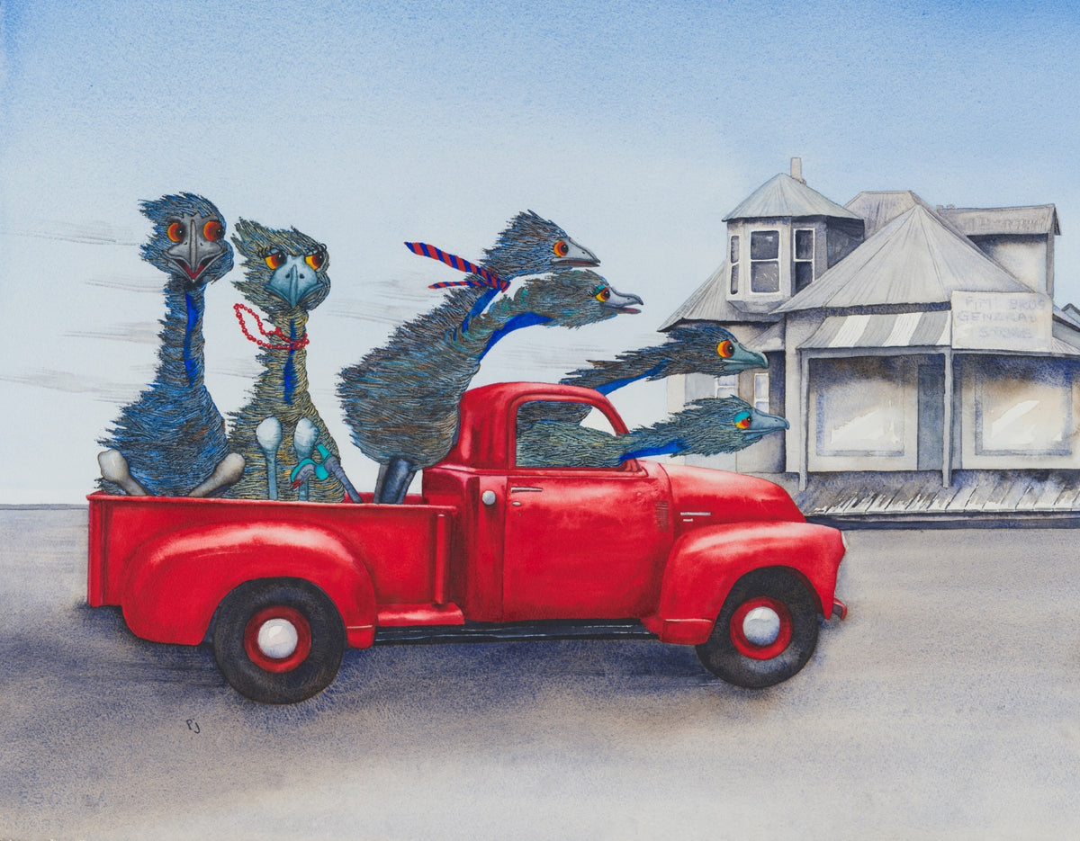 Red Ute - A print of an Emu and Red Ute Watercolour painting – PJ Paintings